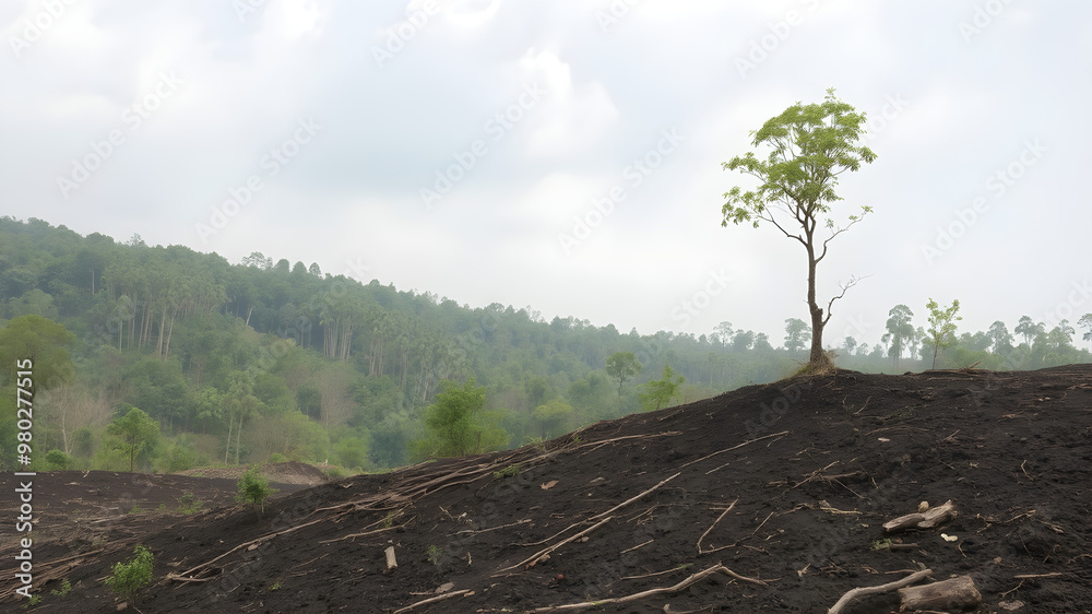 Deforested land with a lone tree standing, visualizing the impact of ...