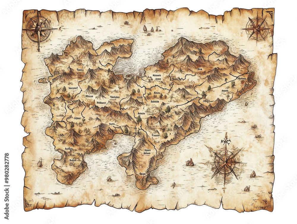 Ancient treasure map displaying mountains, rivers, and coastline, ideal ...