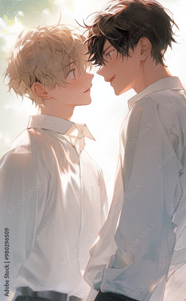 Two Anime Boys in School Uniforms make eye contact ，Sharing a Shy ...