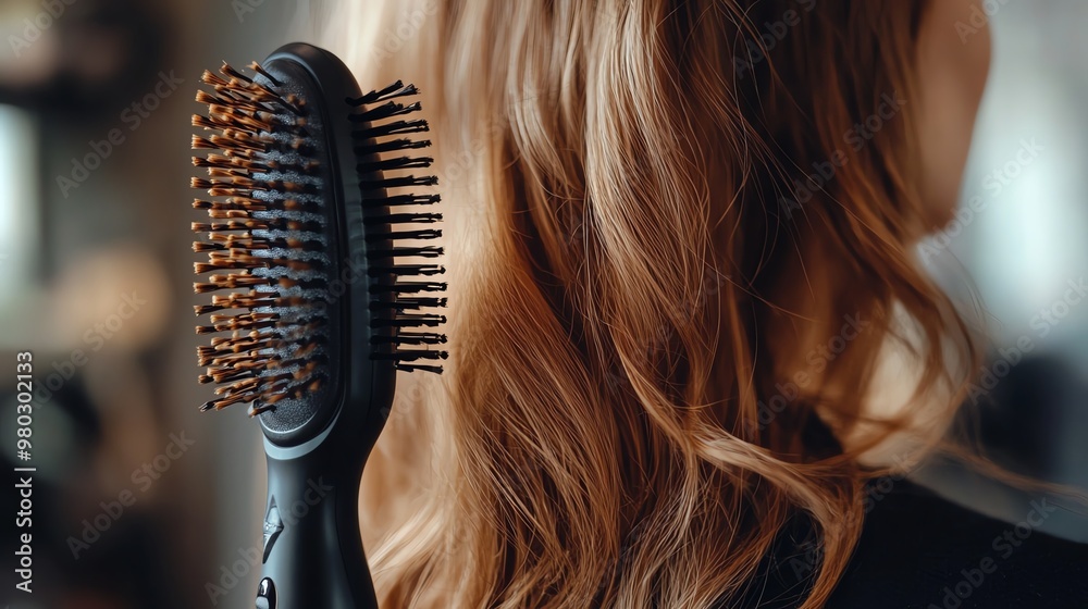 Woman using a hair brush with natural bristles to detangle and style ...
