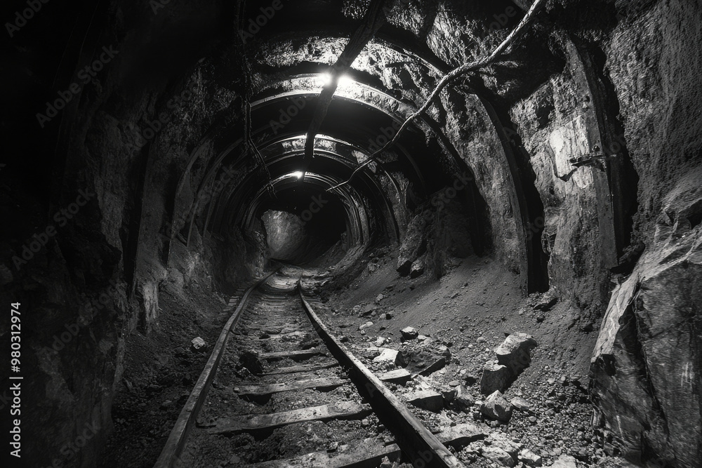 Foto de Stock Underground coal mining tunnel with equipment. Narrow ...