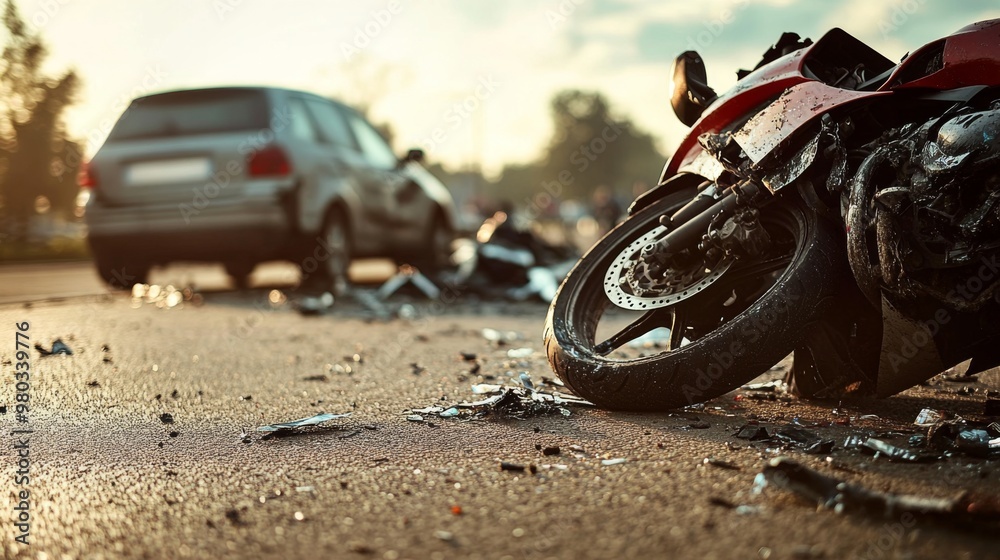 A severe road accident scene displaying a demolished motorcycle and car ...