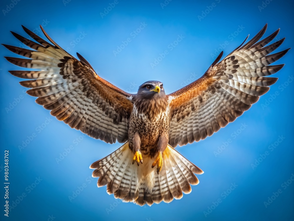 Majestic common buzzard in mid-air, wings spread wide, soaring ...