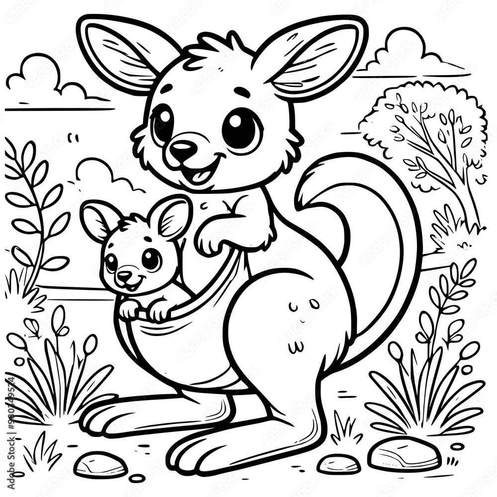 Playful Cartoon Kangaroo with Joey in Pouch in an Australian Outback ...