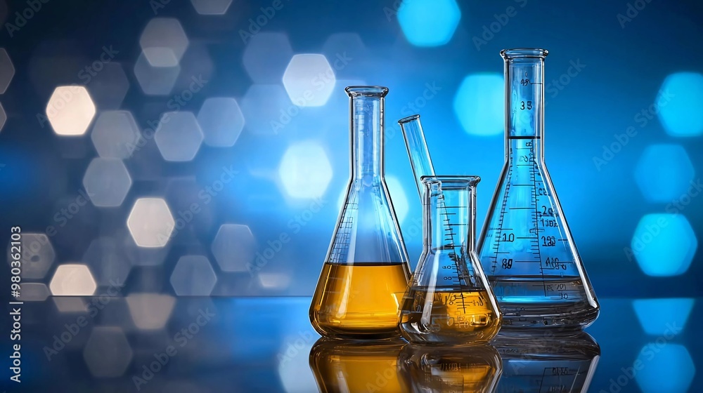 beaker and flask in science laboratory with nice chemical structure ...