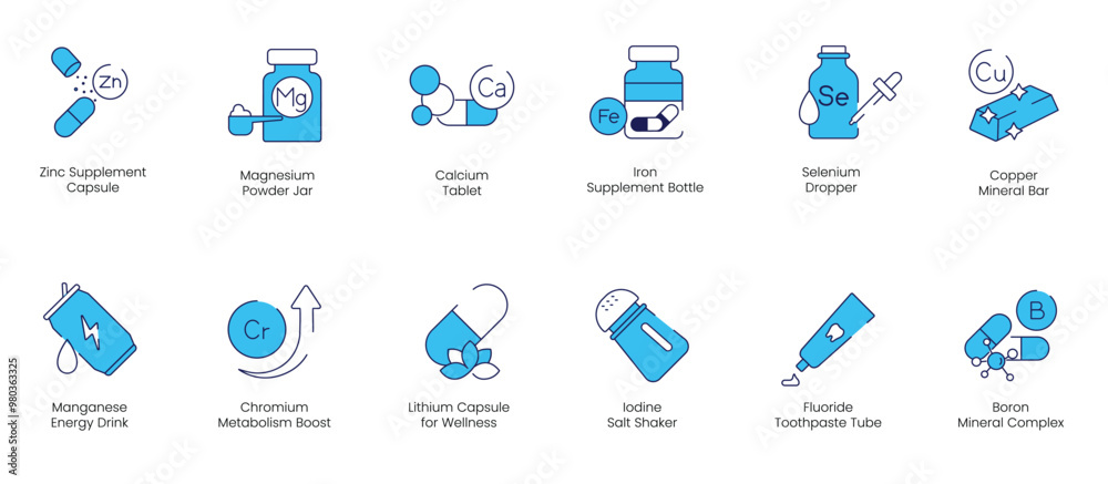 Zinc Supplement Capsule, Magnesium Powder Jar, Calcium Tablet, Iron ...