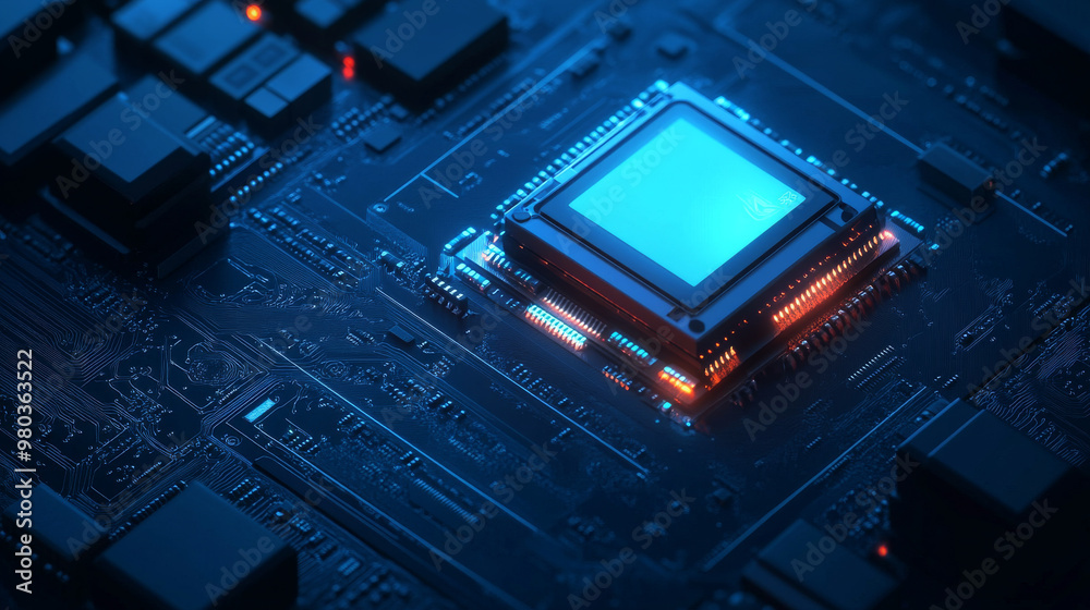 Futuristic microchip processor with illumination on a blue background. Quantum computing, large ...