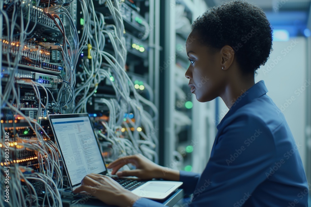 A female african american IT engineer works in a data center, analyzing ...