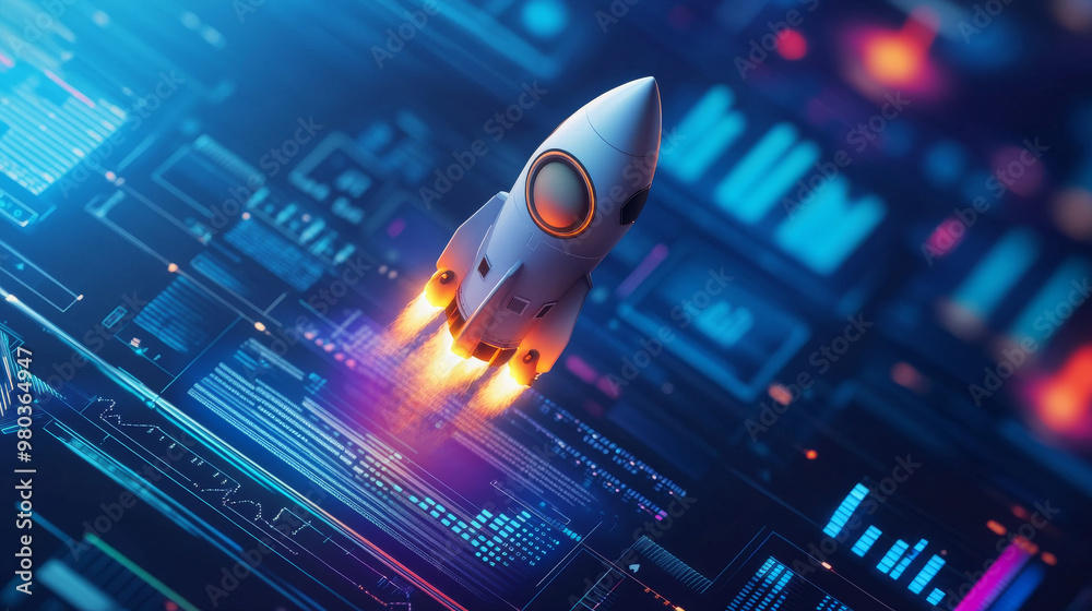 Futuristic rocket launching against a blue background with dashboard ...