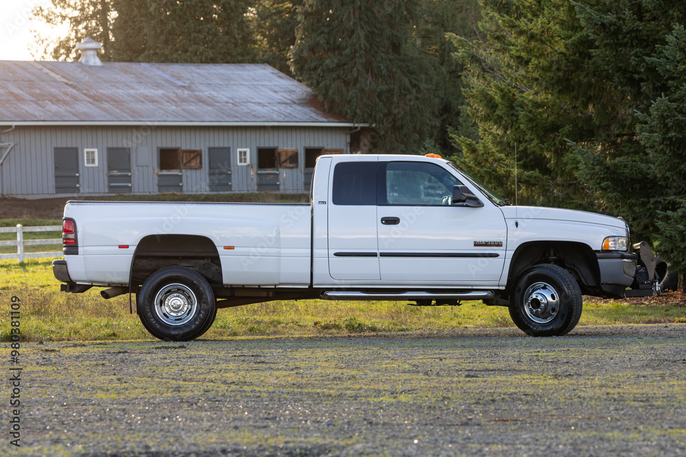 Portland, OR, USA - Dec 8, 2023 - 2001 White Dodge Ram 3500 dually ...