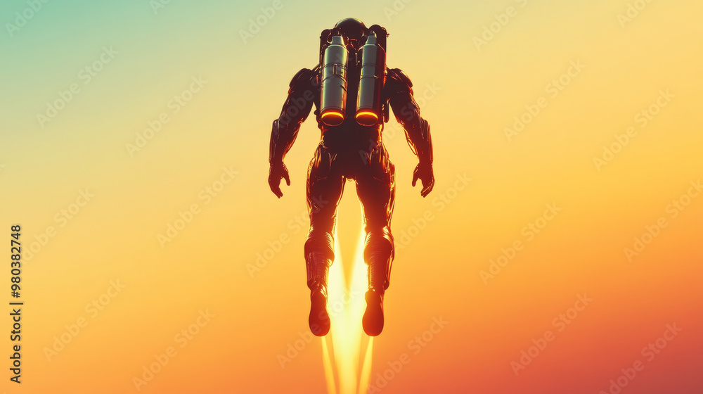 Illustration Stock Man launching a flying jetpack. Robotic armor with a ...