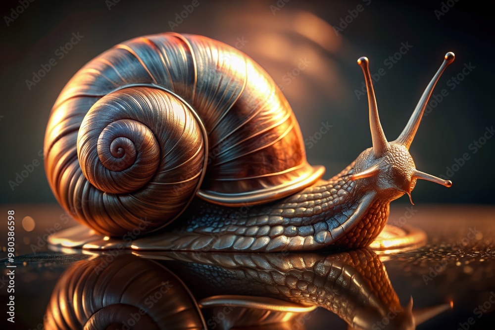 Bronze snail with intricately detailed, shiny shell sits on a ...