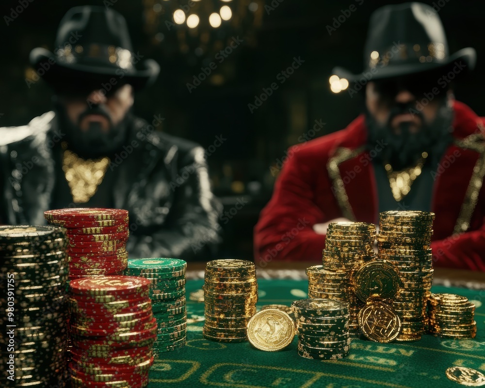 Two wealthy men, wearing a regal top hat, sit at a poker table ...