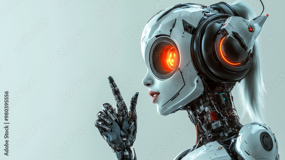 A fierce robot girl with a music speaker on her shoulder flashes the ...
