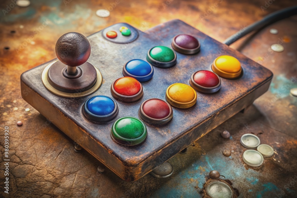 Vintage arcade game controller with colorful buttons, worn grips, and ...
