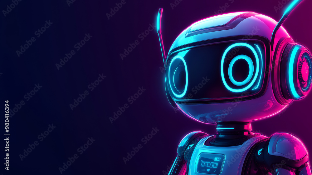 Adorable neon cartoon robot. AI content creator. Chatbot technology ...