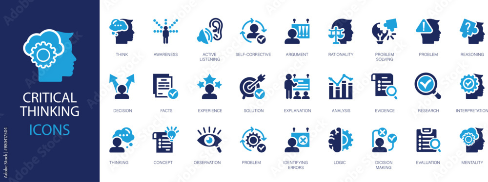 Critical thinking flat icons set. Analysis, think, experience, solution, research, problem icons ...
