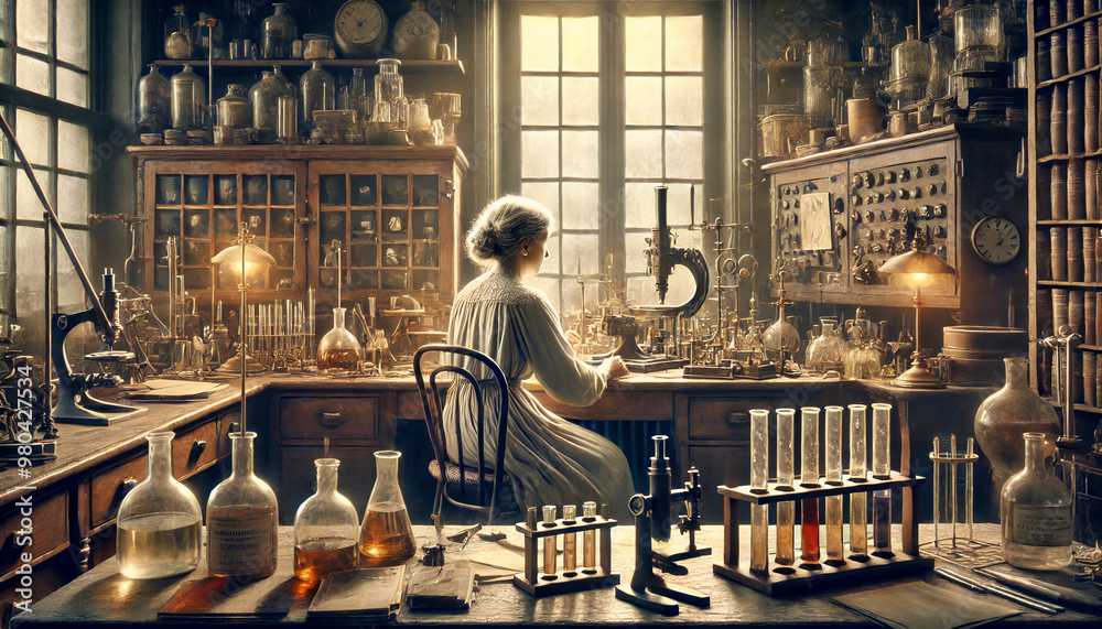 Marie Curie sits in her laboratory, surrounded by scientific equipment ...