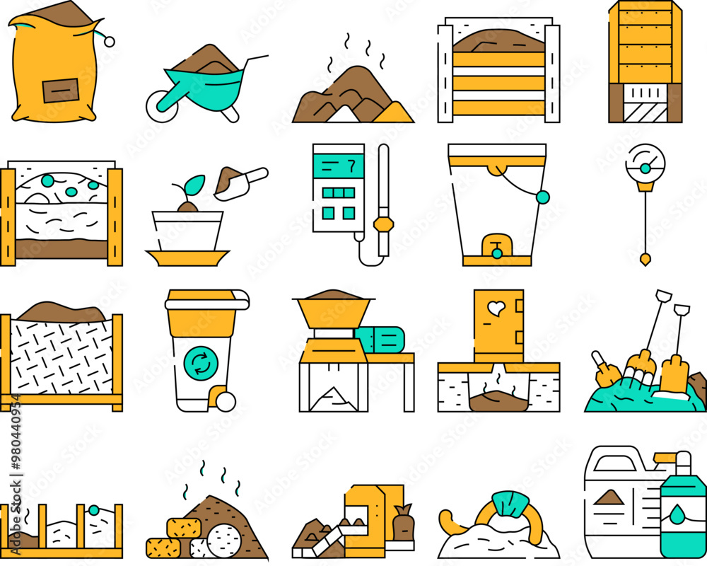 Compost Production Collection Icons Set Vector. Worms In Compost And ...