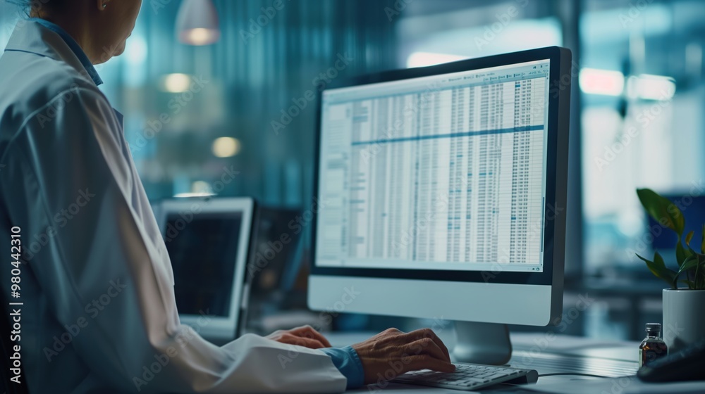 Hospital Doctor Inputting Billing Codes into Spreadsheet on Desktop ...