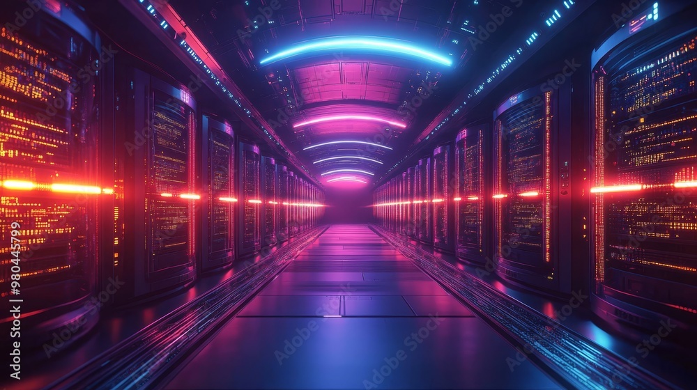 Circular data center with glowing server racks, digital streams ...