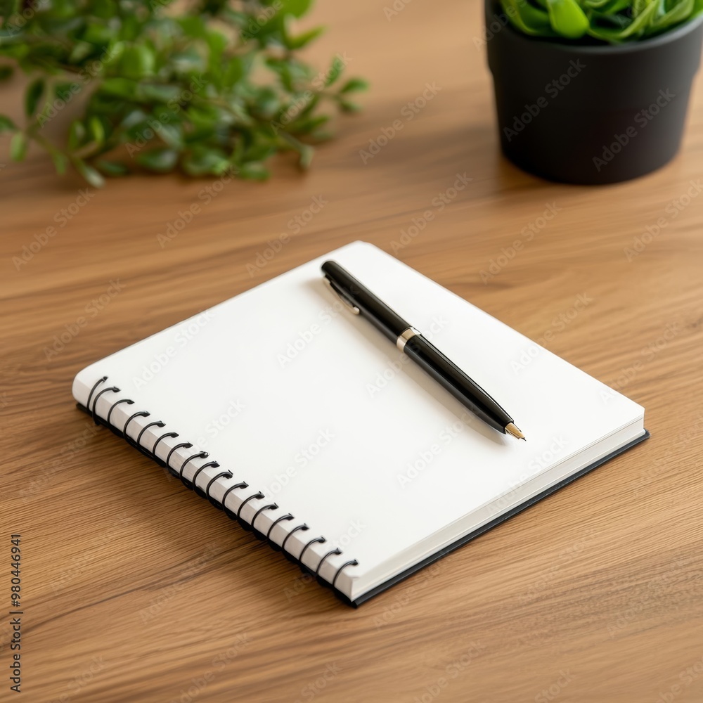 Minimalist office desk, pen resting on notebook, soft sunlight, clean ...