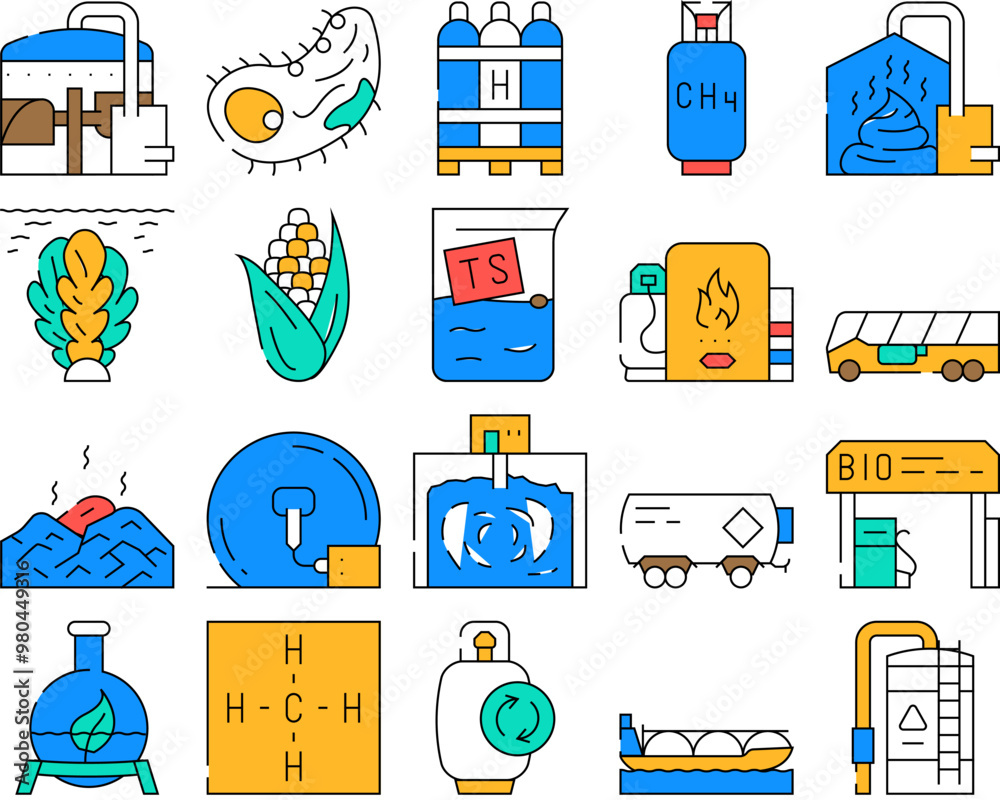 Biogas Energy Fuel Collection Icons Set Vector. Biogas Refueling ...