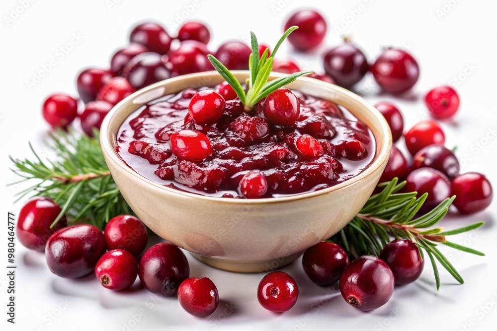 Vibrant red cranberry sauce rests isolated on a clean white transparent ...