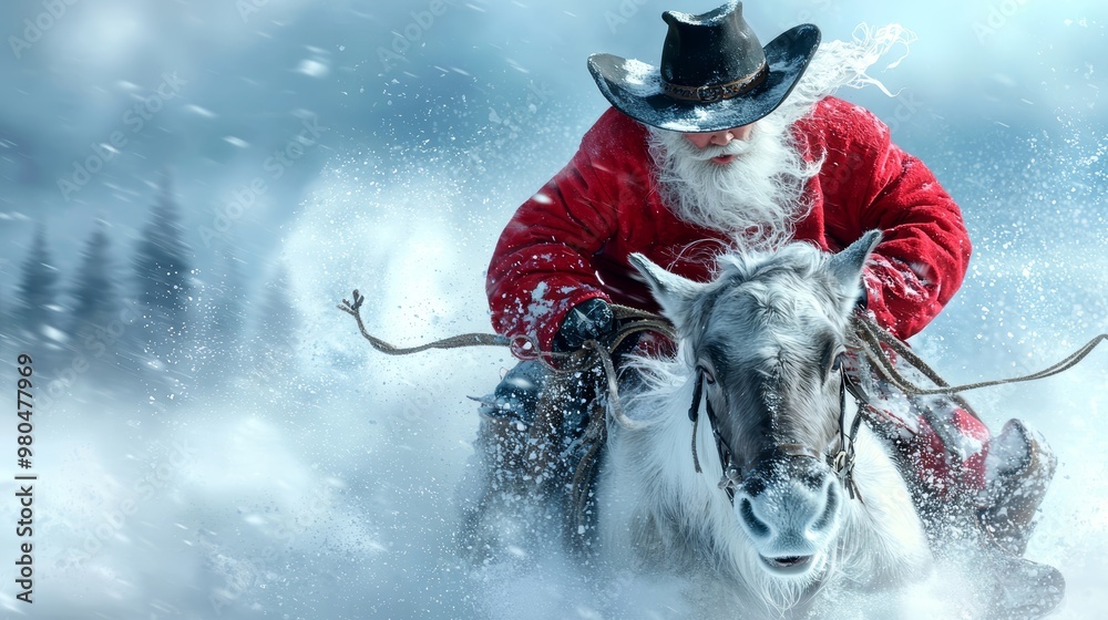 Santa Claus in cowboy attire riding a powerful reindeer through a snowy ...