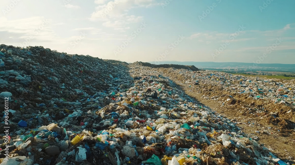 An overflowing landfill site with mountains of trash, showcasing ...