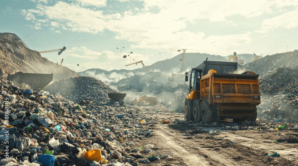 An overflowing landfill site with mountains of trash and debris ...