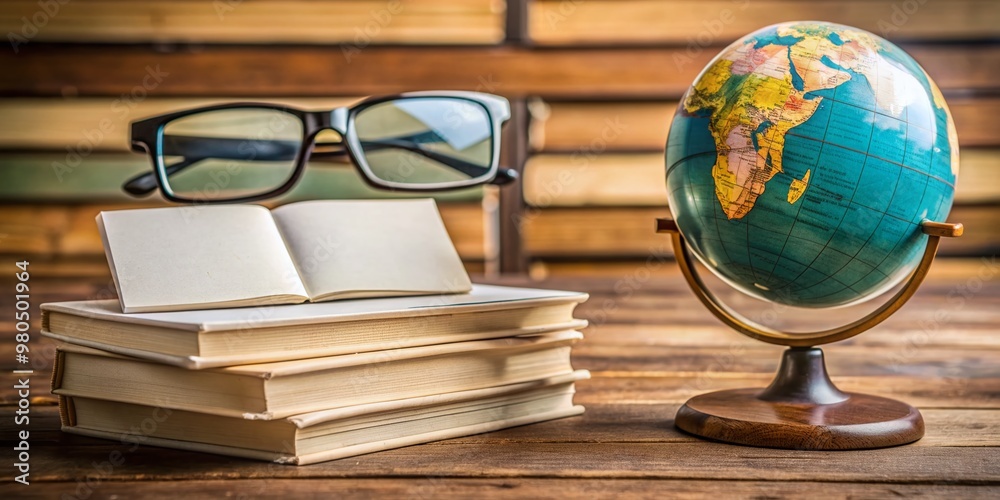 Blank business cards, a globe, open books, and glasses lie on a wooden ...