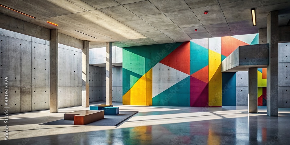 Modernist concrete room features abstract interior design elements ...