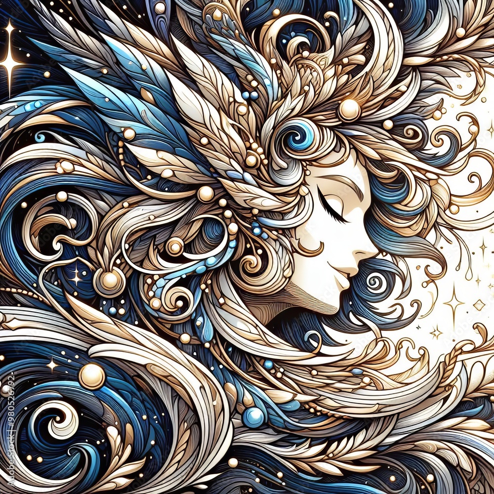 Ethereal Maiden Amidst Gilded Swirls and Feathers, Radiating Elegance ...
