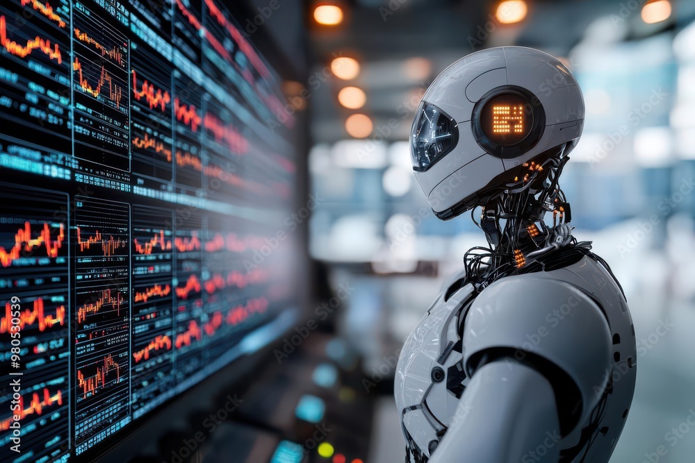 Robot sitting in a control room filled with screens displaying stock ...