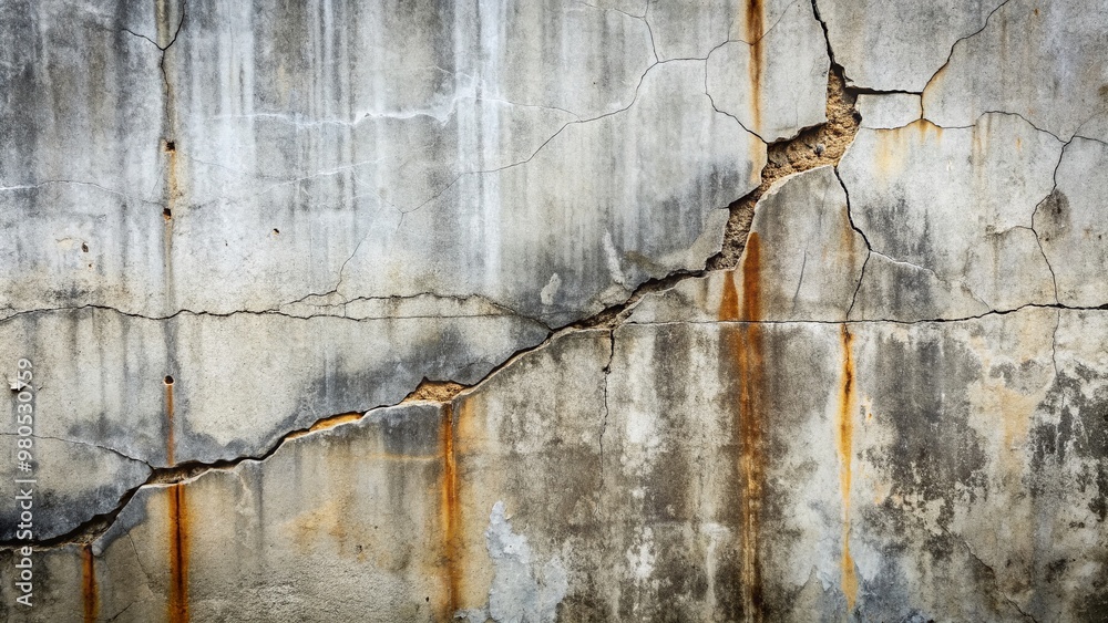 Weathered concrete wall with prominent ascending crack, bisecting the ...