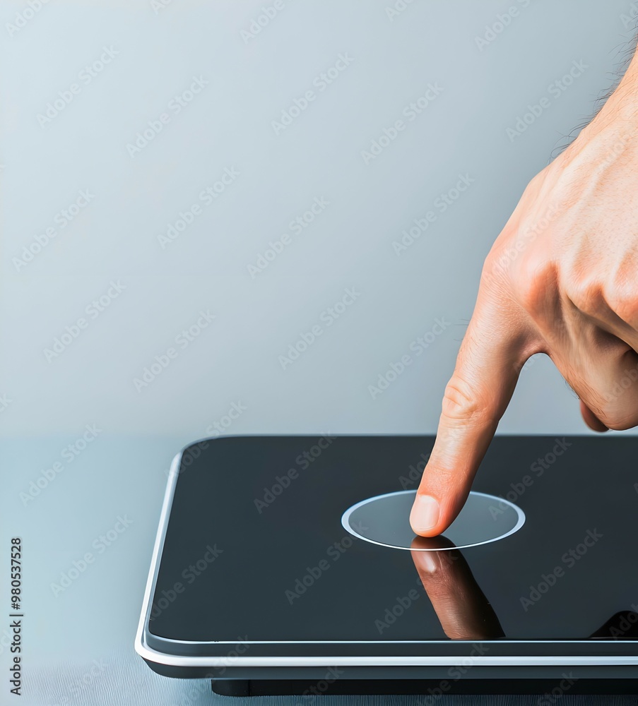 Hand adjusting the settings on a digital scale for a BMI check, weight ...