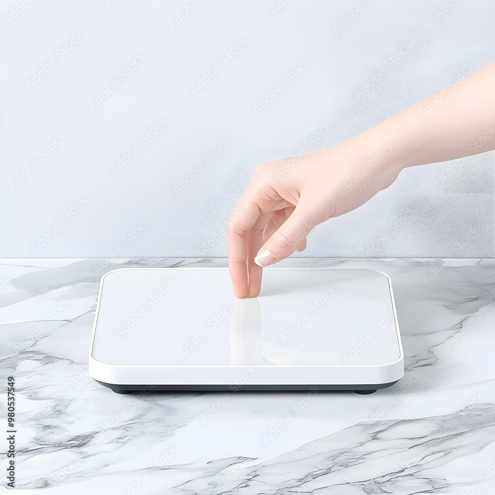 Hand adjusting the settings on a digital scale for a BMI check, weight ...