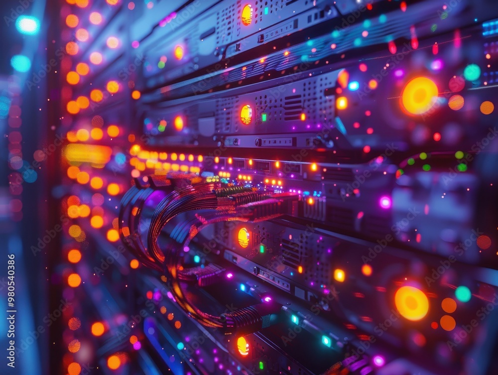 Colorful LED lights illuminate a row of server racks in a data center, highlighting advanced ...