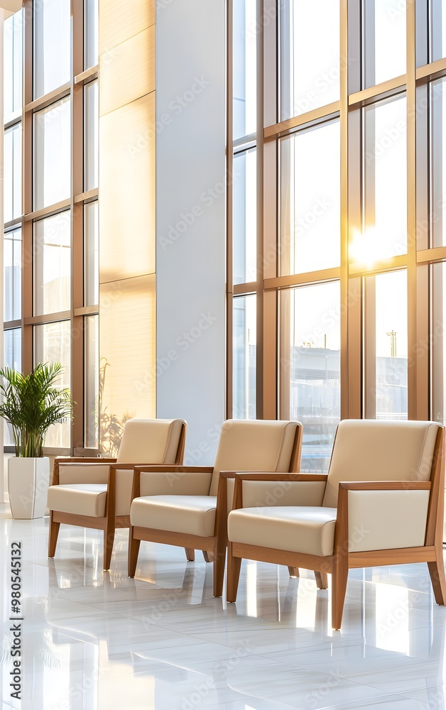 Hospital waiting room with large windows and comfortable seating ...