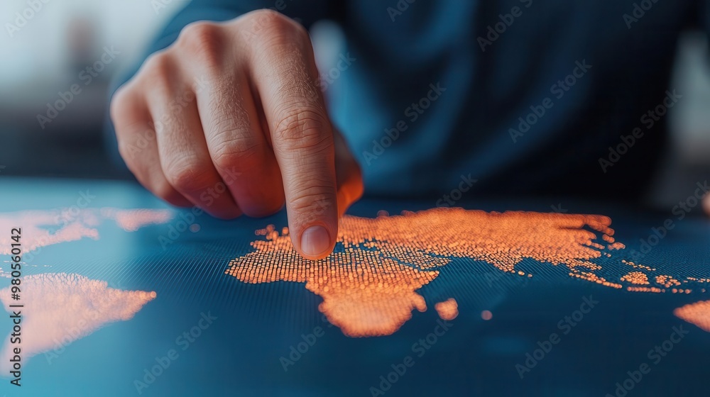 Investor pointing at a 3D map showing global markets and portfolio ...