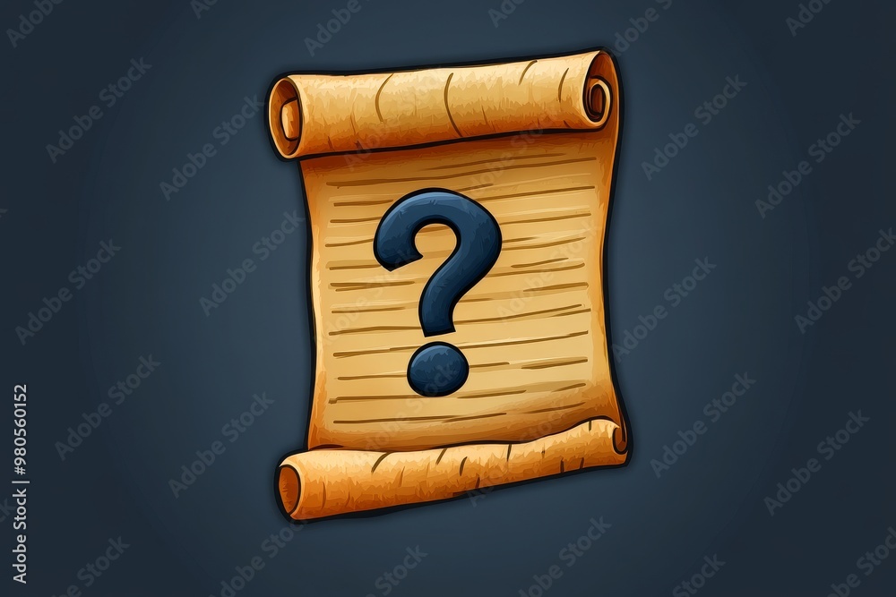 Bright stylized parchment scroll with a large question mark evoking ...