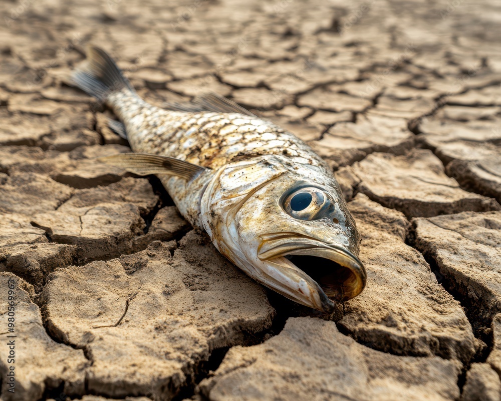 Dying fish in a driedup riverbed, visualizing the environmental impact ...