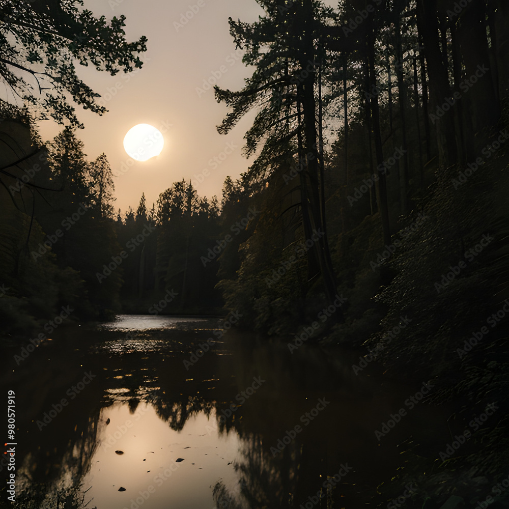 A quiet swamp river among ancient ominous trees in a gloomy forest ...