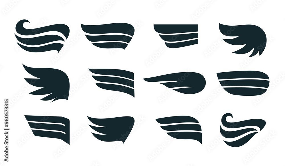 Set of black silhouettes wings. Template for logo, labels, badges ...