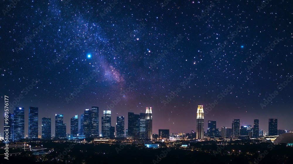 Ilustracja bez tantiem: Starry night sky over the Singapore skyline ...
