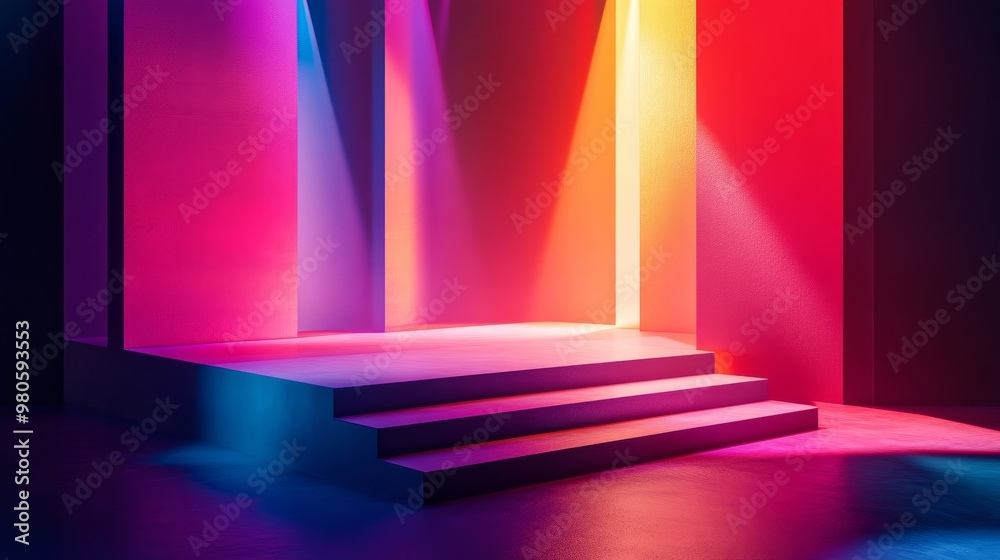 Bright, modern stage setup with vivid color transitions and gradients ...