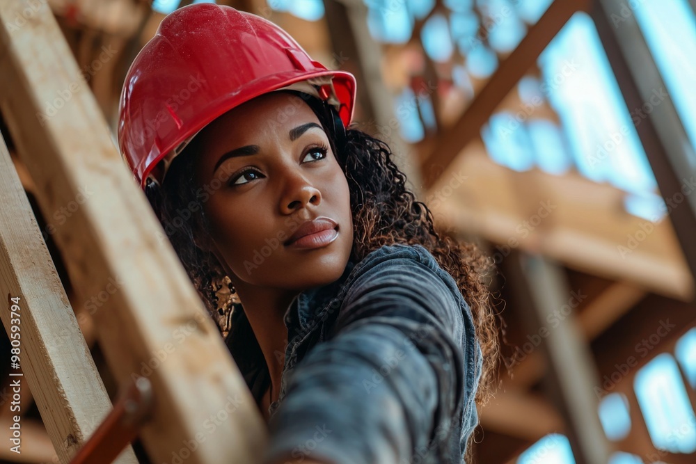Black Female Construction Worker in Red Hard Hat Climbing a Ladder at a ...