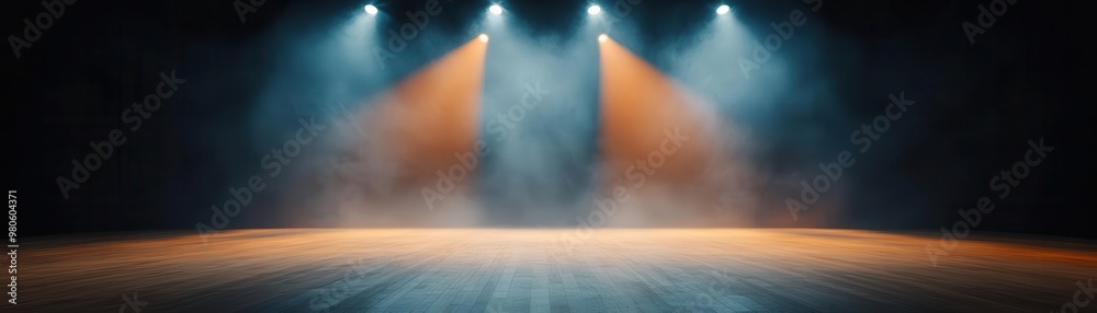 Dramatic stage setup with rotating lights casting dynamic shadows, fog ...