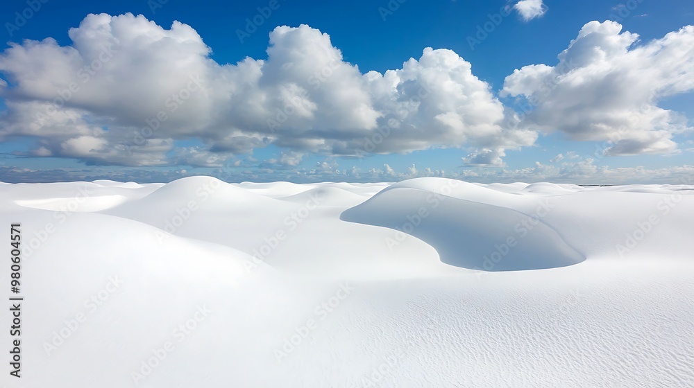 Snowy landscape with untouched snow drifts, dramatic clouds overhead ...